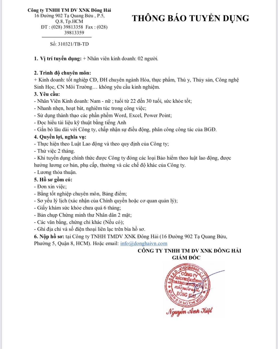 Thông tin tuyển dụng từ Công ty TNHH TM DV XNK Đông Hải | Khoa Vật lý - Vật lý kỹ thuật